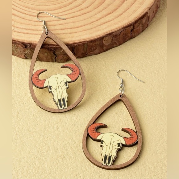 Jewelry | Longhorn Wood Skull Steer Cattle Cow Cutout Teardrop Western ...